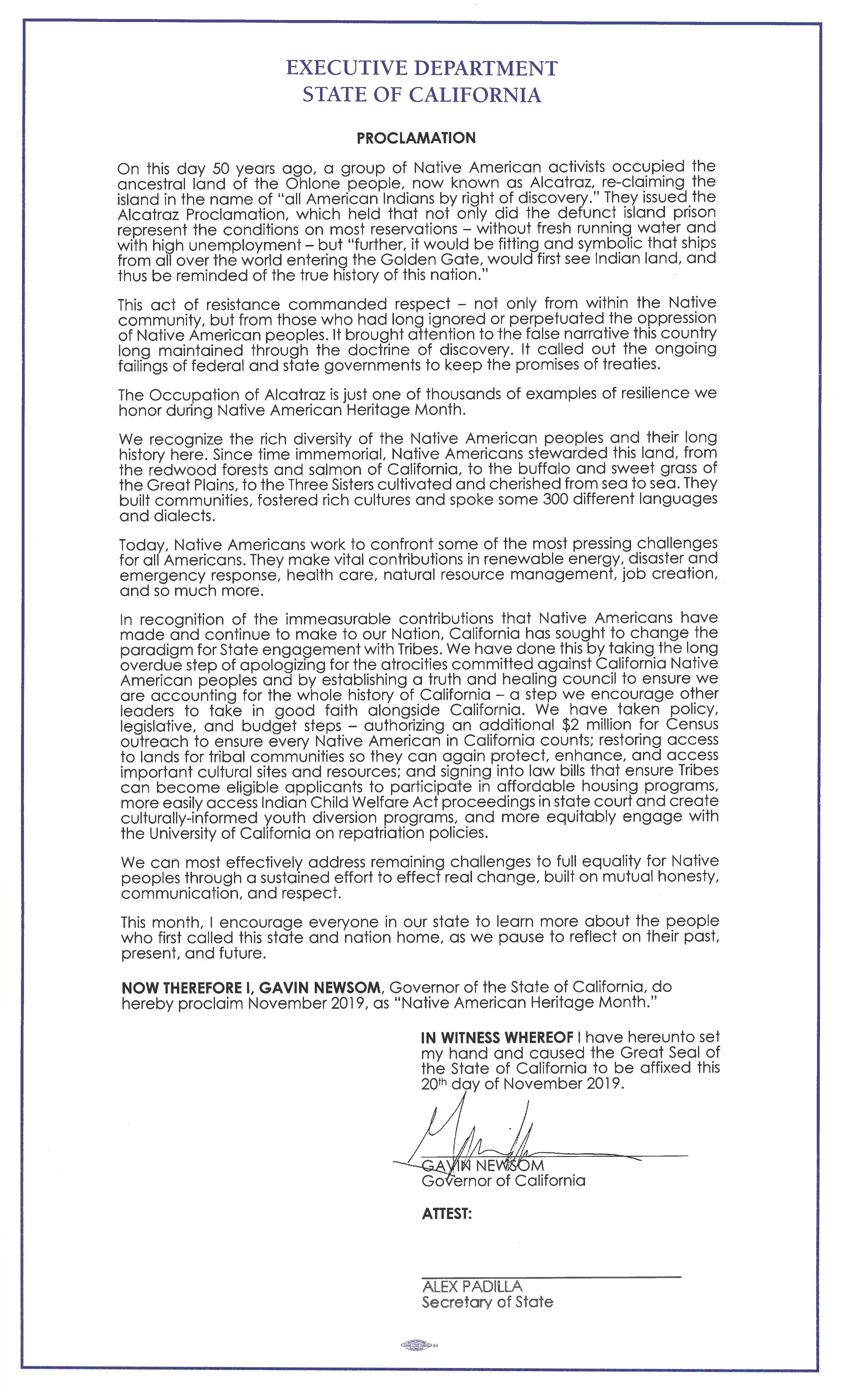 Calif. Gov. Newsom Issues Proclamation Declaring November as Native ...